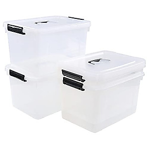 Yesdate 4 Pack 10.5 Quart Plactic Storage Latch Bin, Lidded Box with Black Handle, Clear