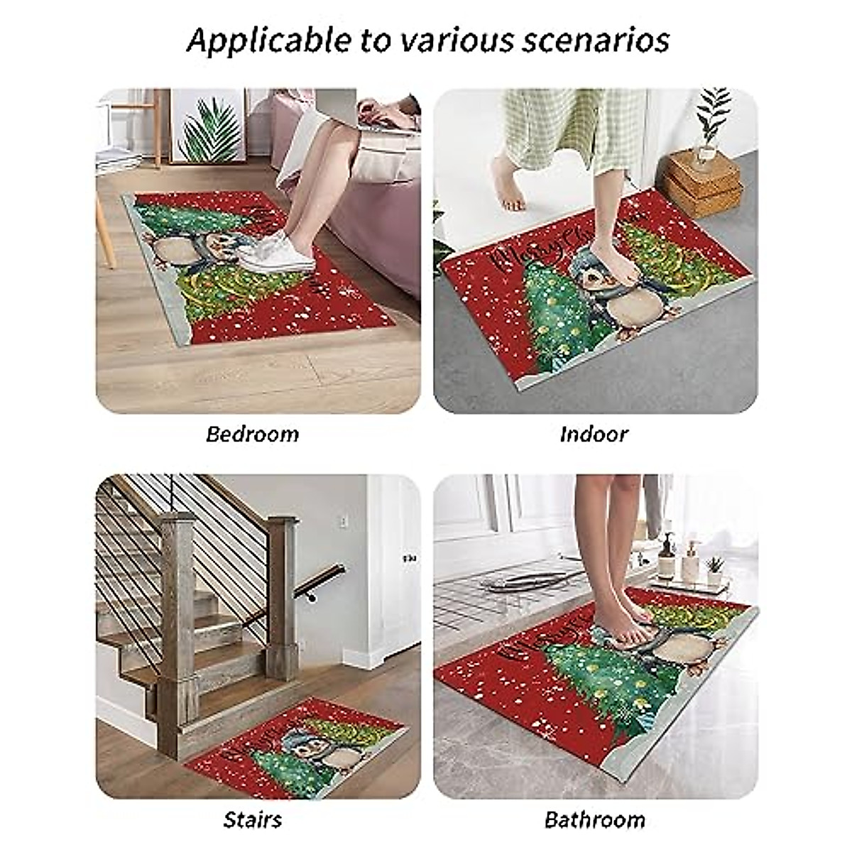 Kitchen Rug,Penguins Merry Christmas Tree Non Slip Doormat Absorbent Carpet,Winter Snowflakes Red Back Front Door Mat Washable Floor Mat for Bathroom Bedroom Entryway 20x32in