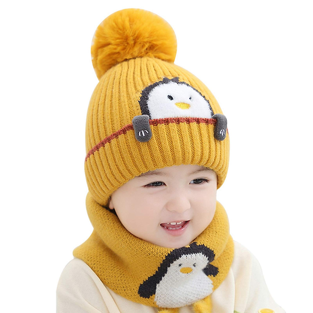 Toddler Winter Beanie Hat Scraf Set, Cute Cartoon Penguin Knitted Hats Soft Warm Infant Hat with Pompom for Baby Boys and Girls 1-3 Years (Yellow)