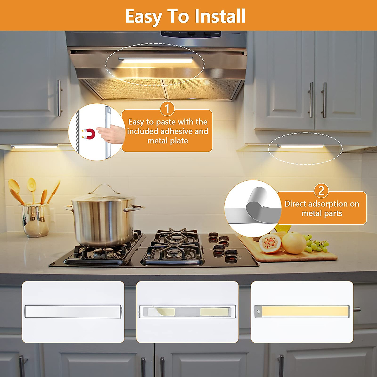 60 LED Dimmable Under Cabinet Lights 2 Packs, 3 Color Temps 2500mAh Rechargeable Motion Sensor Light, Indoor Wireless Magnetic Closet Lights, Night Lights for Kitchen Bedroom Stair Pantry Wardrobe