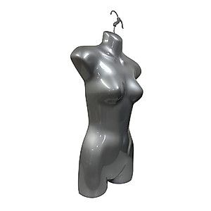 DisplayTown Silver Female Mannequin Hip Long Body Torso Dress Form & Hanging Hook, S-M Sizes