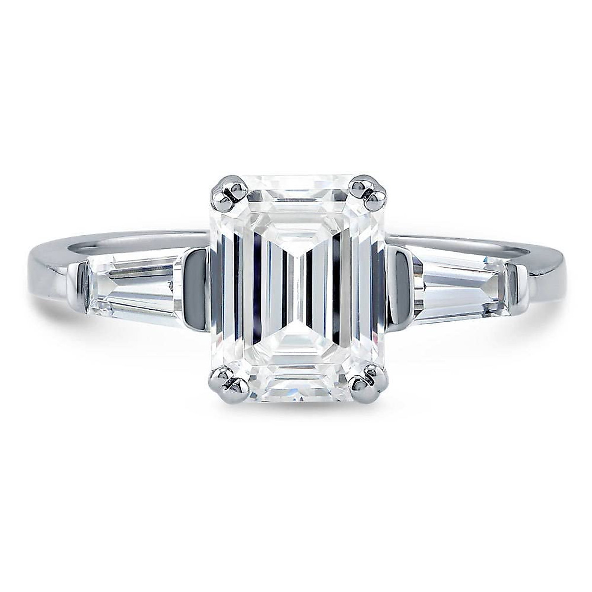 BERRICLE Sterling Silver 3-Stone Wedding Engagement Rings Emerald Cut Cubic Zirconia CZ Anniversary Ring for Women, Rhodium Plated Size 5.5