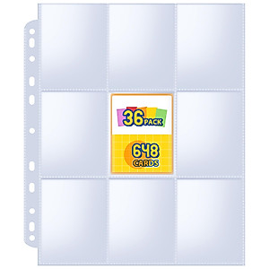 Fabmaker 36 Pack Trading Card Sleeve Pages, Holds 648 Cards, 9 Pocket Trading Card Storage, 11 Holes Card Sleeves Binder Sheets Fit 3 Ring Binder for MTG, Sport Card, Game Card, Business Cards, Coupon