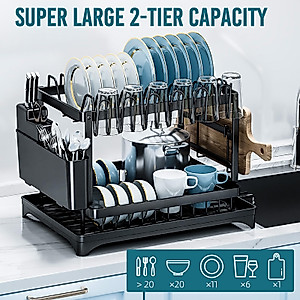 TAILI Dish Drying Rack for Kitchen Counter with Drainboard, Large 2 Tier Dish Rack and Drainboard Set with Cutlery Holder, Cup Holder & Utensil Holder, Rustproof Sink Dish Drying Rack