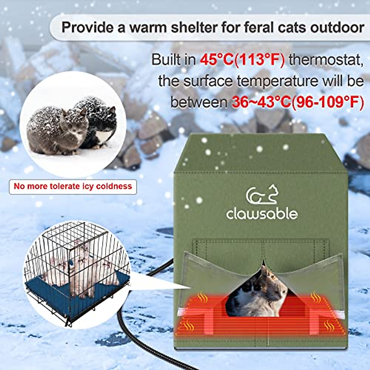 Large Heated Cat House for Outdoor Cats in Winter, Anti-Soaking Insulated Cat House, Elevated & Weatherproof, Warm Cat Shelter with Heating Pad, Outside House Feral Barn Cat (Heated, Large Cuboid)