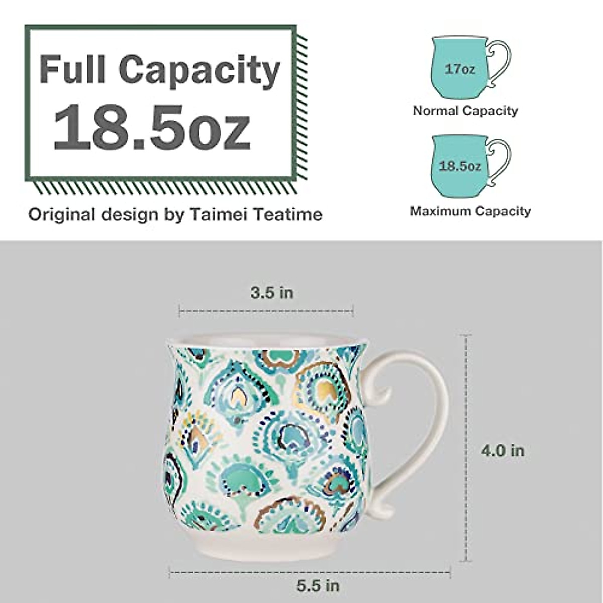 Taimei Teatime Ceramic Coffee Mug with Big Handle, 18.5 Oz Large Coffee Mugs for Women, Stoneware Coffee Mugs for Latte, cappuccino, Tea, Coffee Mugs Dishwasher & Microwave Safe, Set of 2