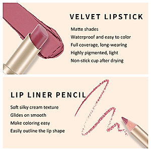 Boobeen 2 Pcs Lip Liner and Lipstick Set, Ultra-Long-Lasting Nude Matte LipLiner High Pigmented Soft Creamy Lipstick Waterproof Lip Color, Lip Makeup Gift Kit for Women