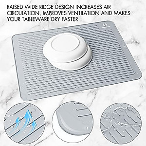 Homewizer Extra Large, 23” x 18” Silicone Dish Drying Mat for Kitchen Counter, Heat Resistant, Non-Slip Design, Quick Dry, Easy Clean, Raised Edge Holds Water, BPA Free, Food Grade Silicone- Gray