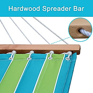 Prime Garden Double Quilted Fabric Hammock with Pillow, Hardwood Spreader Bars, 2 Person Hammock 450 Pound Capacity for Patio Garden Yard, Blue Green Stripe