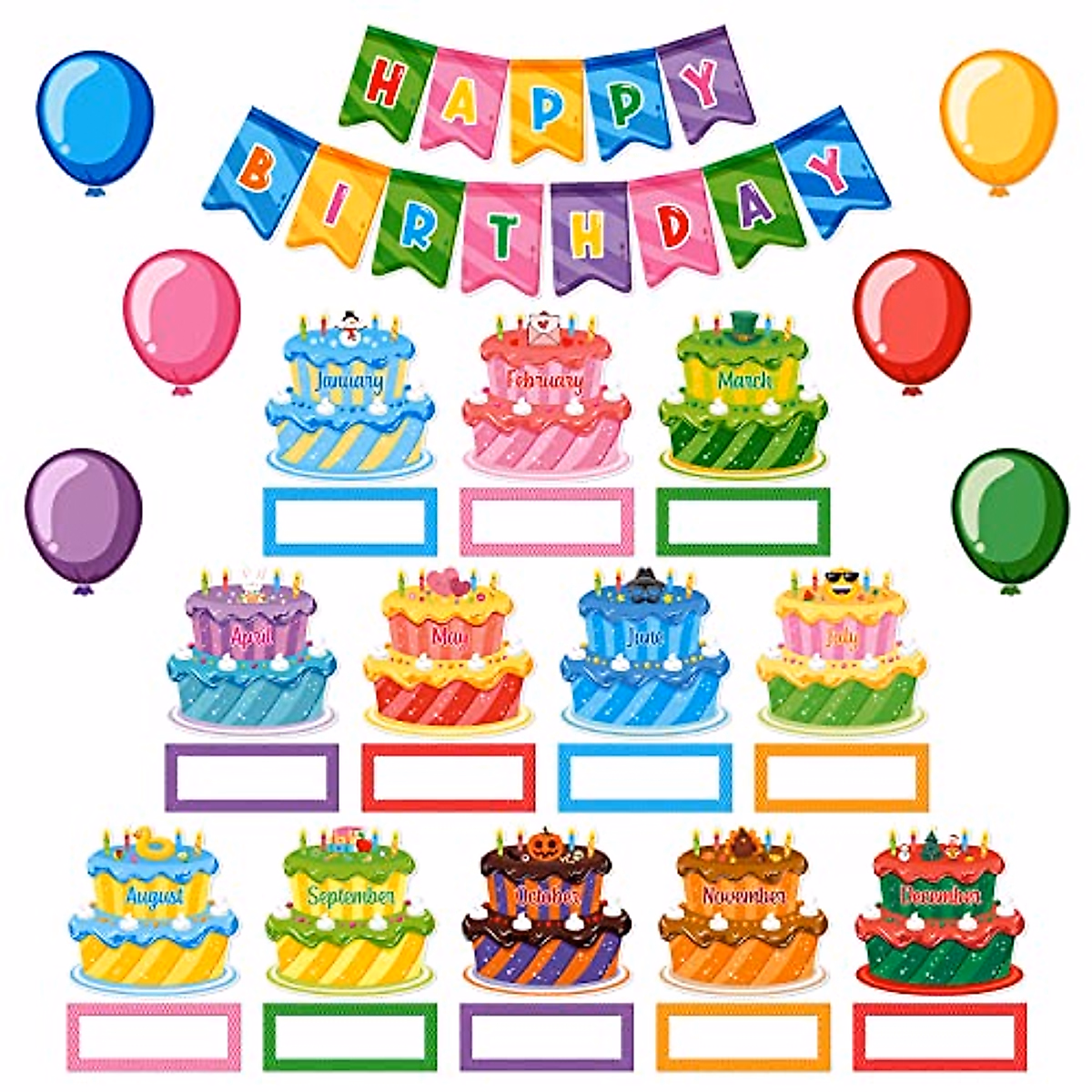 74 Pcs Happy Birthday Bulletin Board Set Includes Months Balloon Cut-Outs and Name Plates for Classroom Calendars Decor Wall Decorations