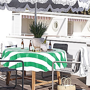 LUSHVIDA Outdoor PVC Stripe Tablecloth with Umbrella Hole and Zipper, Round Table Cover for Spring Summer Patio Garden Tabletop Decor, Green/White, 60 Inch