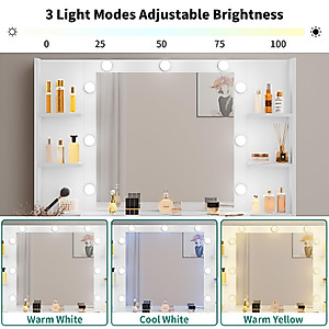 YITAHOME Vanity Desk with Mirror and Lights, Makeup Vanity Set with Shelf and Drawers, Large Dressing Table with Charging Station, Storage Stool, 3 Lighting Modes Brightness Adjustable, Bedroom, Ivory