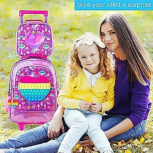 CCJPX 3PCS Kids Rolling Backpack for Girls, Unicorn Roller Wheeled Bookbag Toddler Elementary School Bag with Wheels Purple