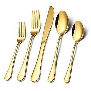 Gold Silverware Flatware Set for 8, 40 Piece Stainless Steel Cutlery Set With Titanium Golden Plated, Tableware Kitchen Utensil Include Spoons, Forks, Knives, Mirror Polished, Dishwasher Safe