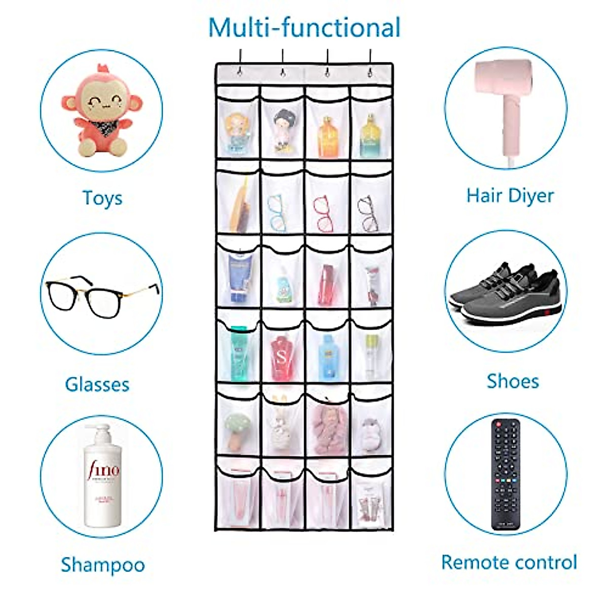 Over The Door Shoe Rack with 24 Large Mesh Pockets, Back of Door Organizer Hanging Bag for Closet Entryway Bedroom Bathroom Pantry Hanging Holder for Hats Sneakers High Heeled Shoes flip flops, White