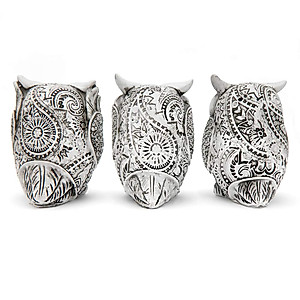 Owl Statue Home Décor Owls Figurine Family Set of 3 Cute Owl Lovers Black & White Gifts for Mom, Zen Mood Gifts, See Hear Speak No Evil, Nice Home Office Decoration, Positive Vibes