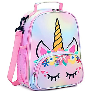 BTOOP Lunch Box Kids for Girls Insulated Lunch Bag Cute Reusable Toddler Thermal Meal Cooler Tote Bags with Removable Shoulder Strap for School Travel (Rainbow 1)