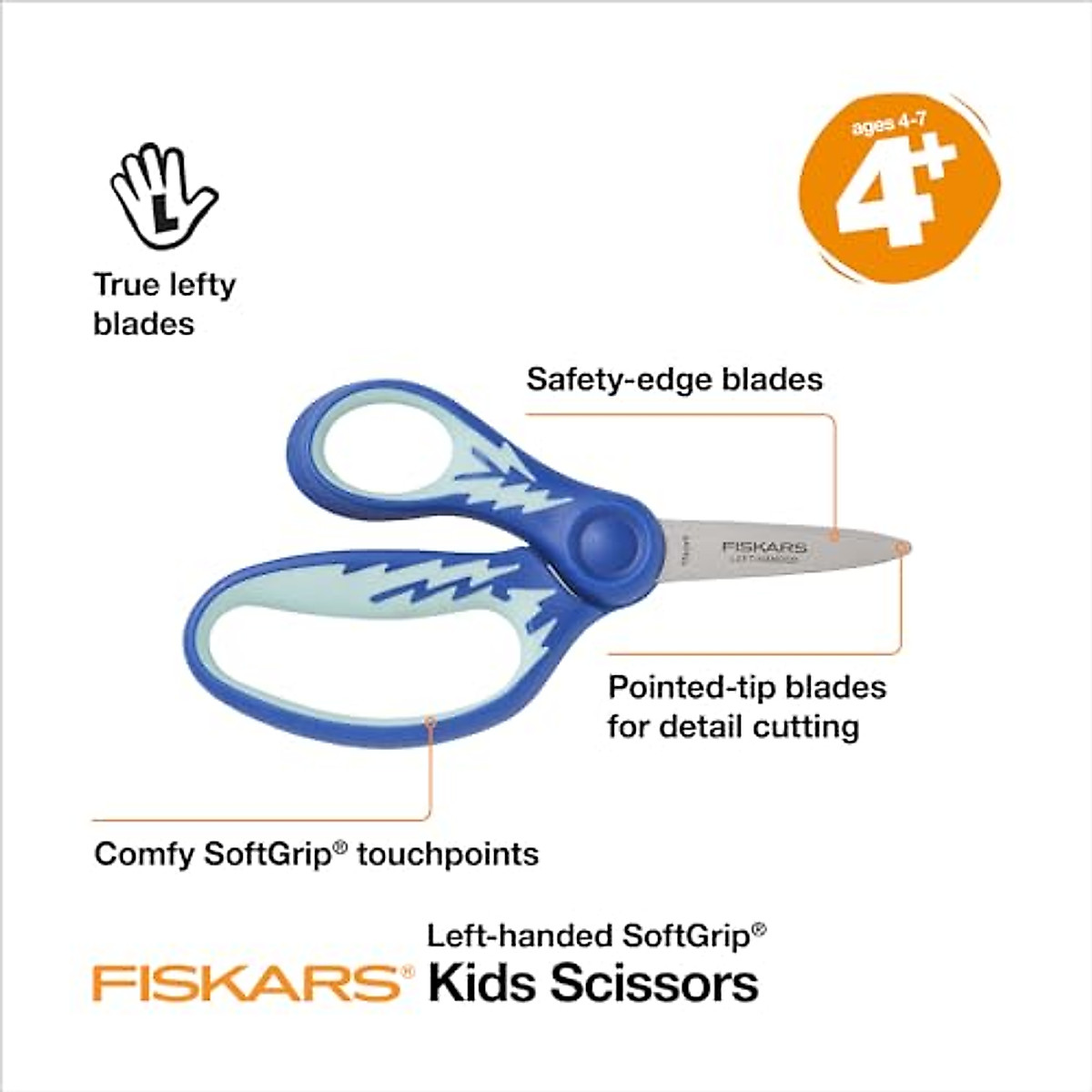 Fiskars 5" Softgrip Left-Handed Pointed-Tip Scissors for Kids Ages 4+ - Left-Handed Scissors for School or Crafting - Back to School Supplies - Blue Lightning