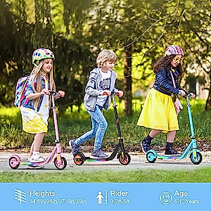 Scoothop Kids Electric Scooter,Colorful Rainbow Lights Electric Scooter with Bluetooth Music Speaker, LED Display,4 Height Adjustable and 3 Speed Adjustment,Electric Scooter for Kids Ages 6-12(Pink)