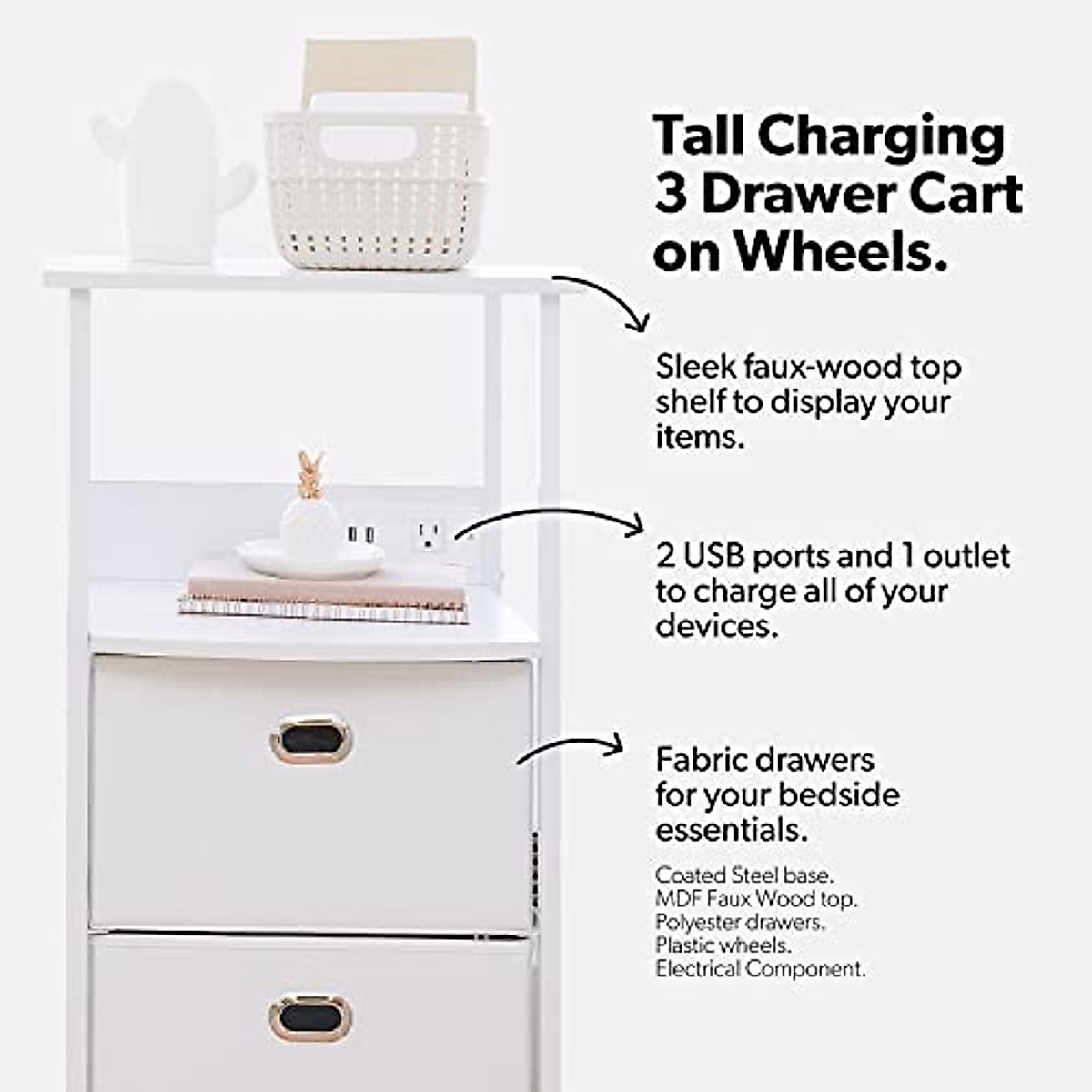 Dormify Storage Drawers Organizer on Wheels with Charging Station and USB Ports, Fabric Drawers for Clothes Storage Tower, Nightstand with Drawer Tower Organizer | Tall Skinny Dresser Closet | White