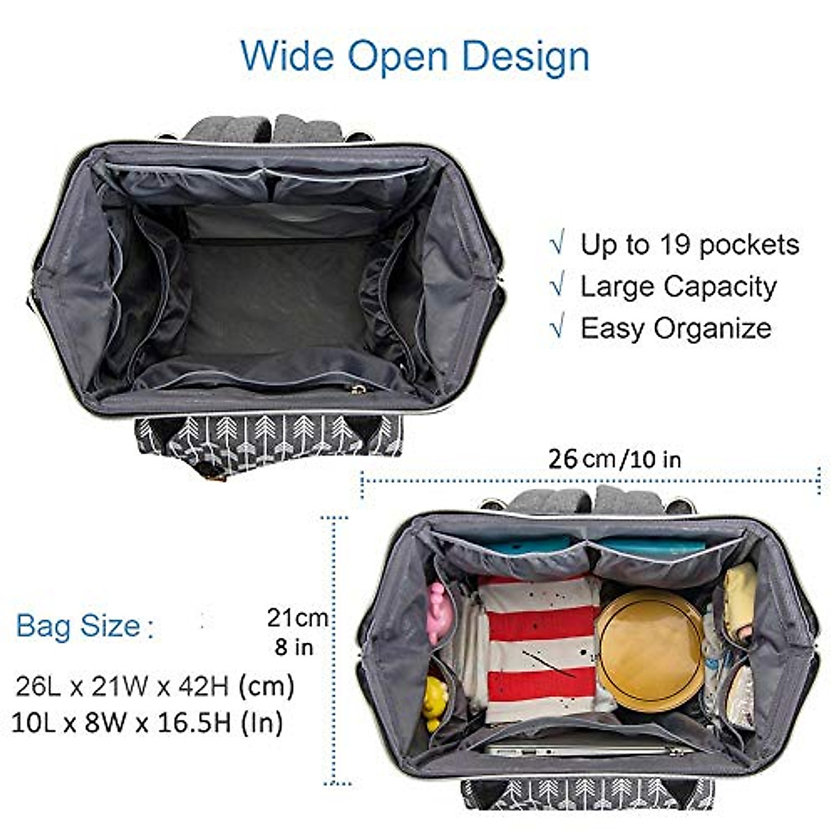 Lekebaby Diaper Bag Backpack for Mom Large Maternity Nappy Bag Changing Bags with Insulated Pockets Grey with Arrow Print