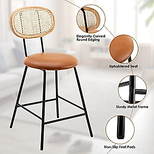 Amadi Counter Stools Rattan Back Dining Chair,Indoor Faux Leather Bar Stools Set of 4,Armless Dining Chairs with Rattan Backrest,Modern Metal Counter Height Barstools for Home Whiskey Brown,24"
