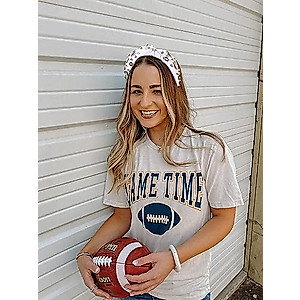 Football Headband Pearl Rhinestone Jeweled Knotted Headband Fun Sports White Hot Pink Black Blue Football Embellished Wide Top Knot Hairband Headpiece Game Day Sports Hair Accessories Gift for Football Mom Fans (white football headband)