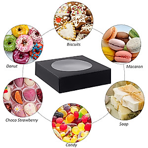 50 Pack Mini Cookie Boxes with Window, 4.3 x 4.3 x 1.2 Inches Individual Black Kraft Paper Pastry Boxes Single Dessert Boxes Treat Boxes Favor Boxes for Chocolate, Candy, Donut