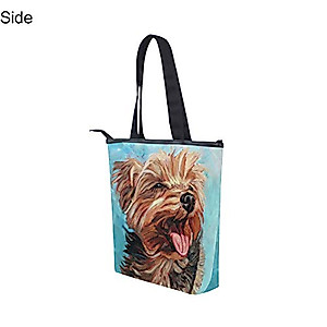 Women's Handbags Canvas Shoulder Bags Happy Yorkie Puppy Handbag Retro Casual Tote Purses