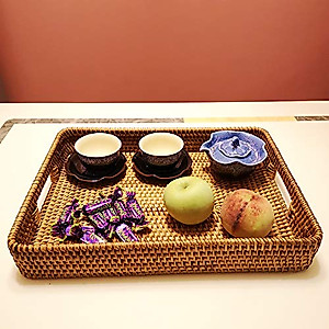 17 Inch Oversize Handmade Serving Tray, Rectangular Trays with Cutout Handles and 2.3”Wall, Decorative Rattan Storage Baskets Woven Organizer Plate Tray For Bread, Fruits，Catch All Dish, XL, Brown