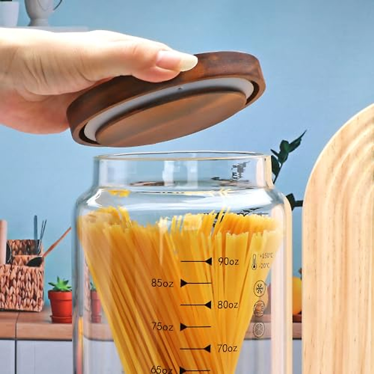 Datttcc 100 oz Glass Storage Canisters with Wood Lids,Clear Food Storage Container Jars with Airtight for Noodles,Flour, Cereal,Sugar,Rrice,Tea,Coffee Beans,4 Pack