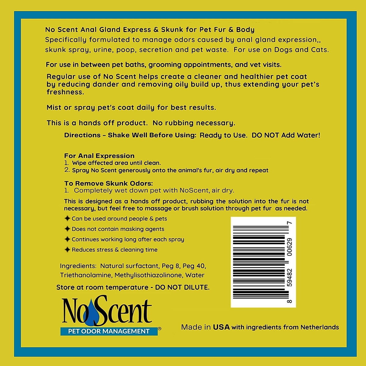 No Scent Anal Gland Express & Skunk Spray Pet Fur Cleaner for Dogs & Cats (2 Fl Oz / 59 mL)