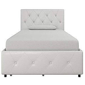 DHP Dakota Upholstered Platform Bed with Underbed Storage Drawers and Diamond Button Tufted Headboard and Footboard, No Box Spring Needed, Twin, White Faux Leather