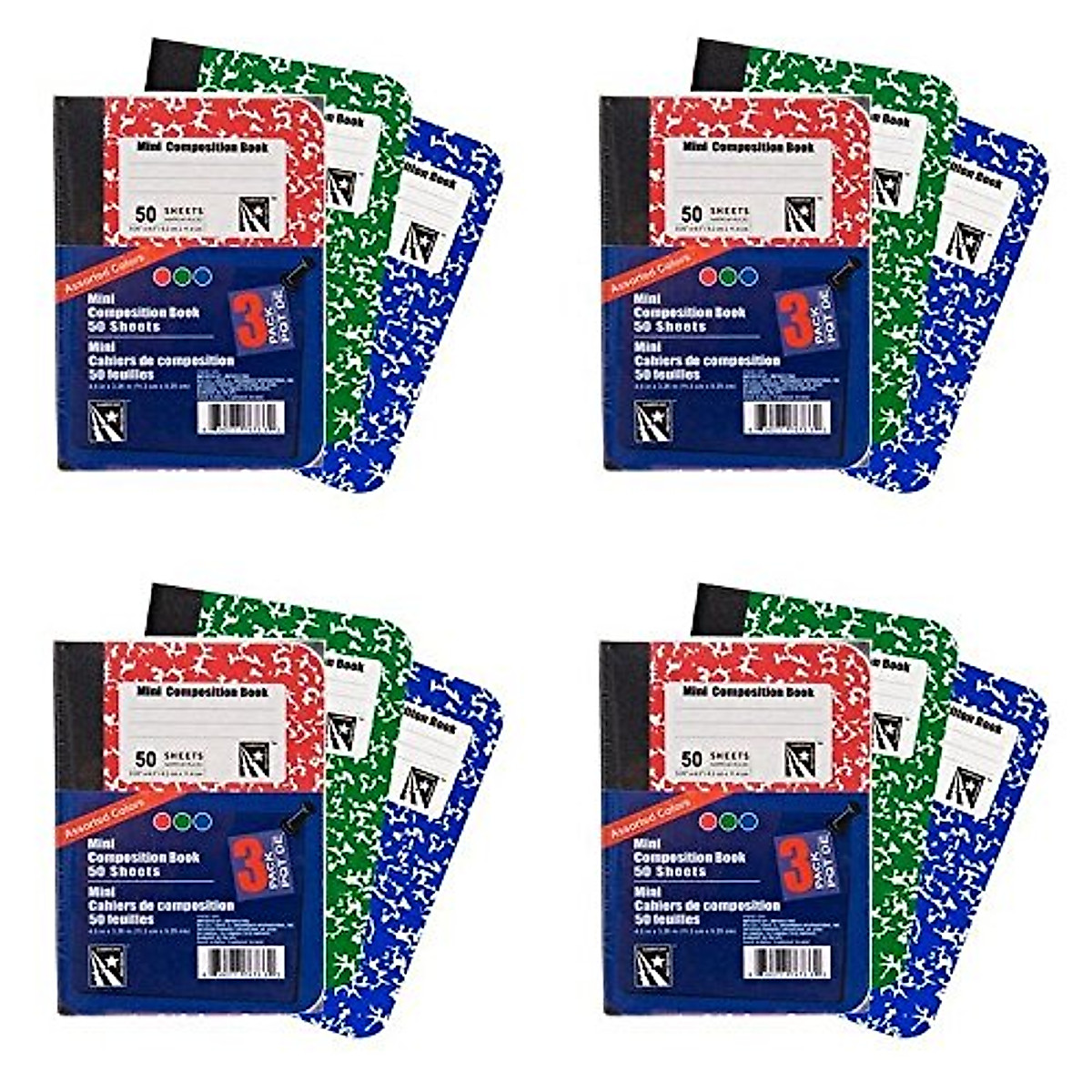 Mini Marble Composition Books (4 packs of 3) - 12 Count (4 Red, 4 Green & 4 Blue)