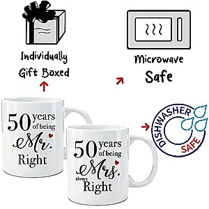 Dnuiyses 50 Years of Being Mr. Right & Mrs. Always, 50th Anniversary Wedding Engagement Gifts for Couples Husband Wife Parents Grandparents, 50th Mug Gifts Set of 2-112