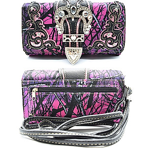 Camouflage Crown Buckle Western Style Purse Floral Shine Glow Country Handbag Women Shoulder Bag Crossbody Wallet Set (Purple)