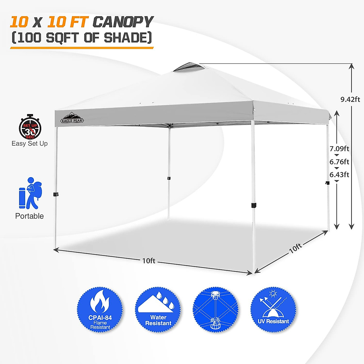 EAGLE PEAK 10x10 Pop Up Canopy Tent Instant Outdoor Canopy Easy Set-up Straight Leg Folding Shelter with 100 Square Feet of Shade (White)