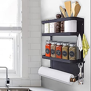 VIAV Magnetic Spice Rack with Paper Towel Holder for Refrigerator with 2-Tier Shelf Spice Rack Strong Magnetic Backing with 3 Hooks for Kitchen Storage,Refrigerator,Freezer,Grill Silver