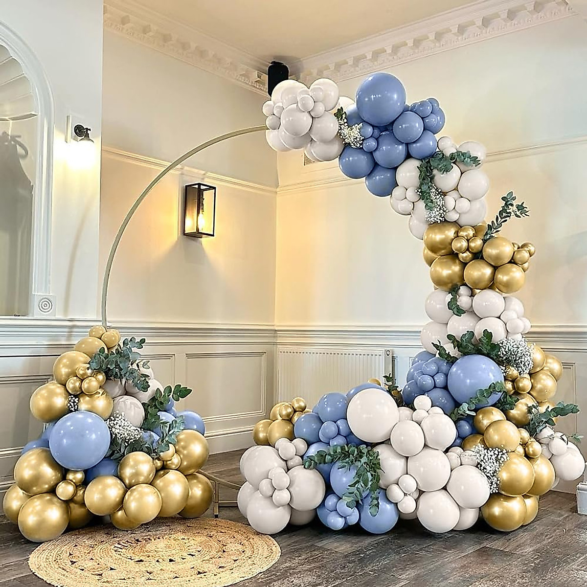 Dusty Blue Baby Shower Balloon Arch Garland Kit, 139PCS Fog Blue White Sand Metallic Gold Balloons for Neutral Boho Wedding Bridal Shower Birthday Party Decorations