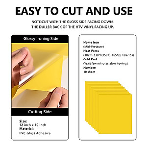 FUNKAKA Yellow HTV Heat Transfer Vinyl Bundle, 12" x 10" Glossy Yellow Iron on Vinyl for T-Shirt, 10 Sheets Sticky HTV Vinyl for All Cutter Machines Easy to Cut & Weed for Heat Vinyl Design