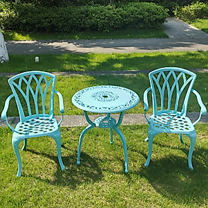 KAILI 3 Piece Bistro Table Set Cast Aluminum Outdoor Patio Furniture with Chair with armrests (Light Blue)