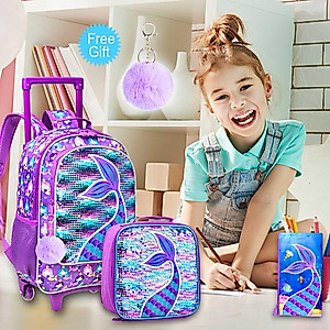 gxtvo Rolling Backpack for Girls, Roller Wheels Kids Bookbag - Wheeled Suitcase Elementary Sequin School Bag - 3PCS Mermaid