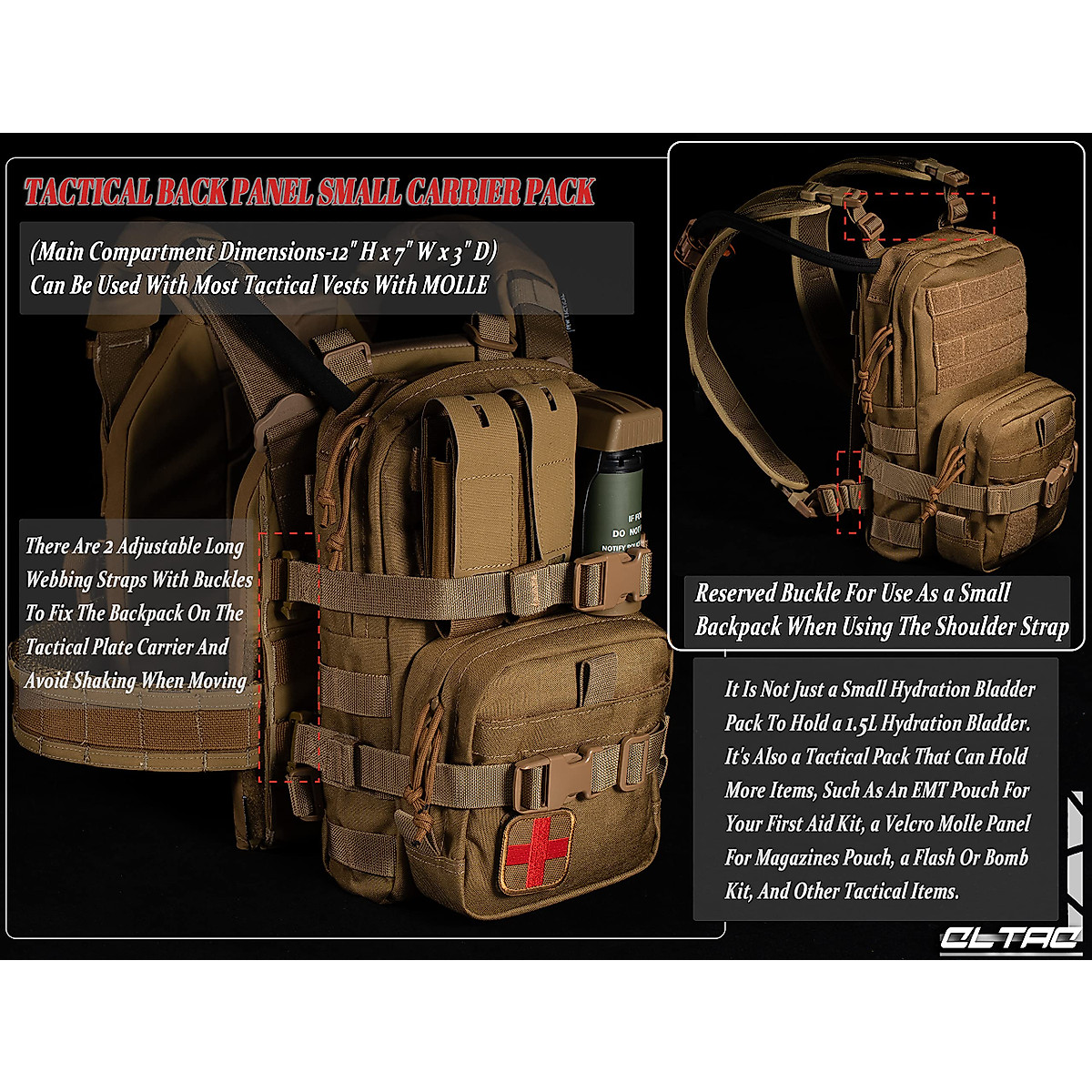 CLTAC Small Tactical Backpack MOLLE Hydration Pack Outdoor Water Bladder Carrier Pack for Vest with IFAK Med Pouch and 1.5L Bladder