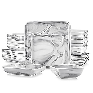 MALACASA Plates and Bowls Sets, 24-Piece Porcelain Dinnerware Sets for 6, Marble Grey Dish Set, Square Dinnerware Set with Dinner Plates and Bowls, Series IVY