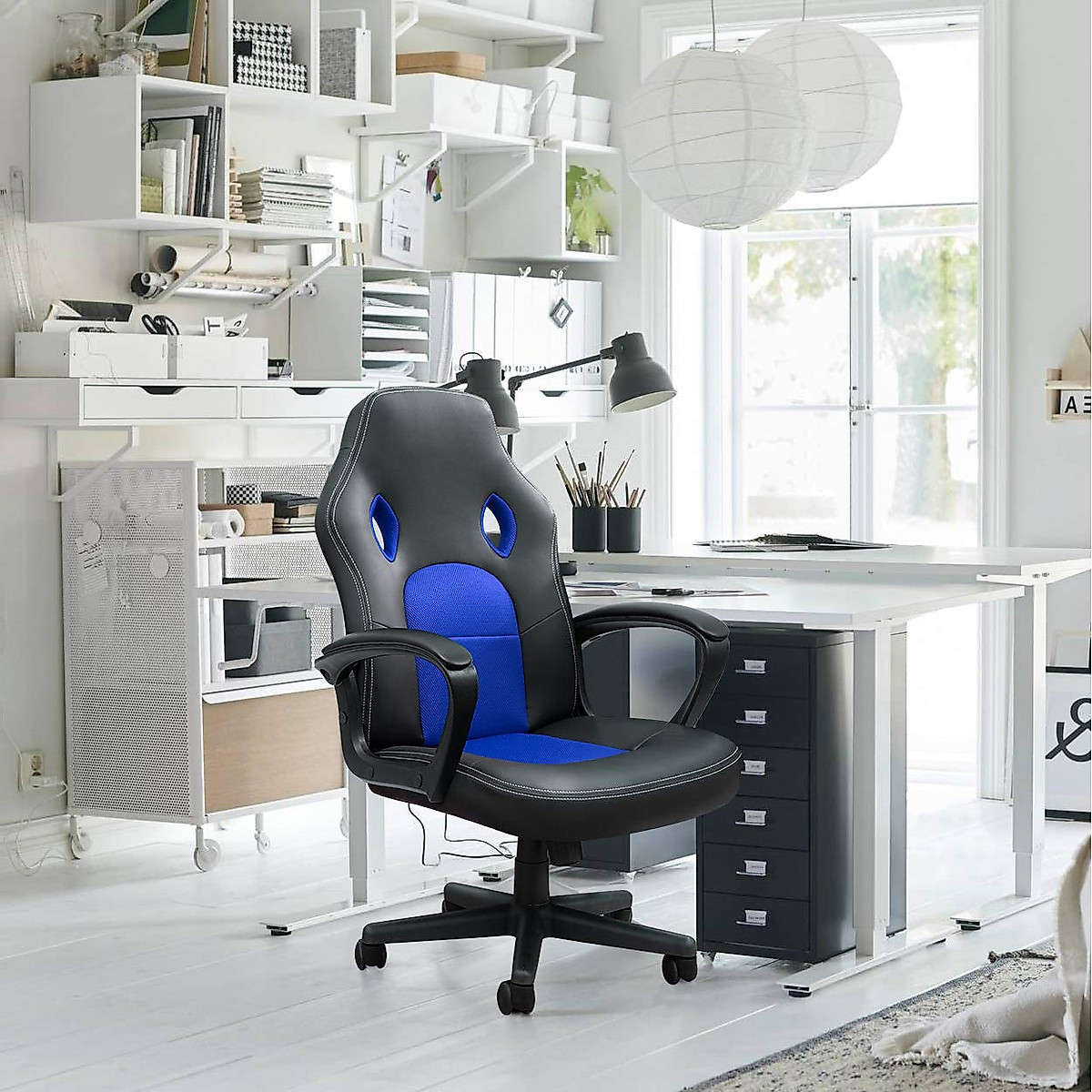 Furmax Blue Leather Office Chair with Adjustable Swivel Base, Padded Armrests and Lumbar Support