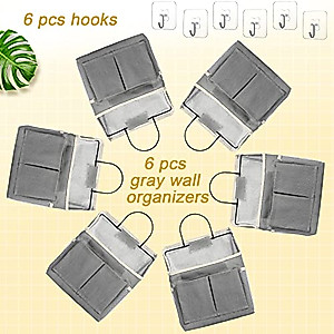 6 Pack Wall Hanging Storage Bag Bulk, Wall Hanging Organizer with Pockets, Linen Cotton Wall Pouch Basket with Sticky Hooks for Over The Door Closet Bathroom Bedroom Kitchen Dorm Room (Gray)
