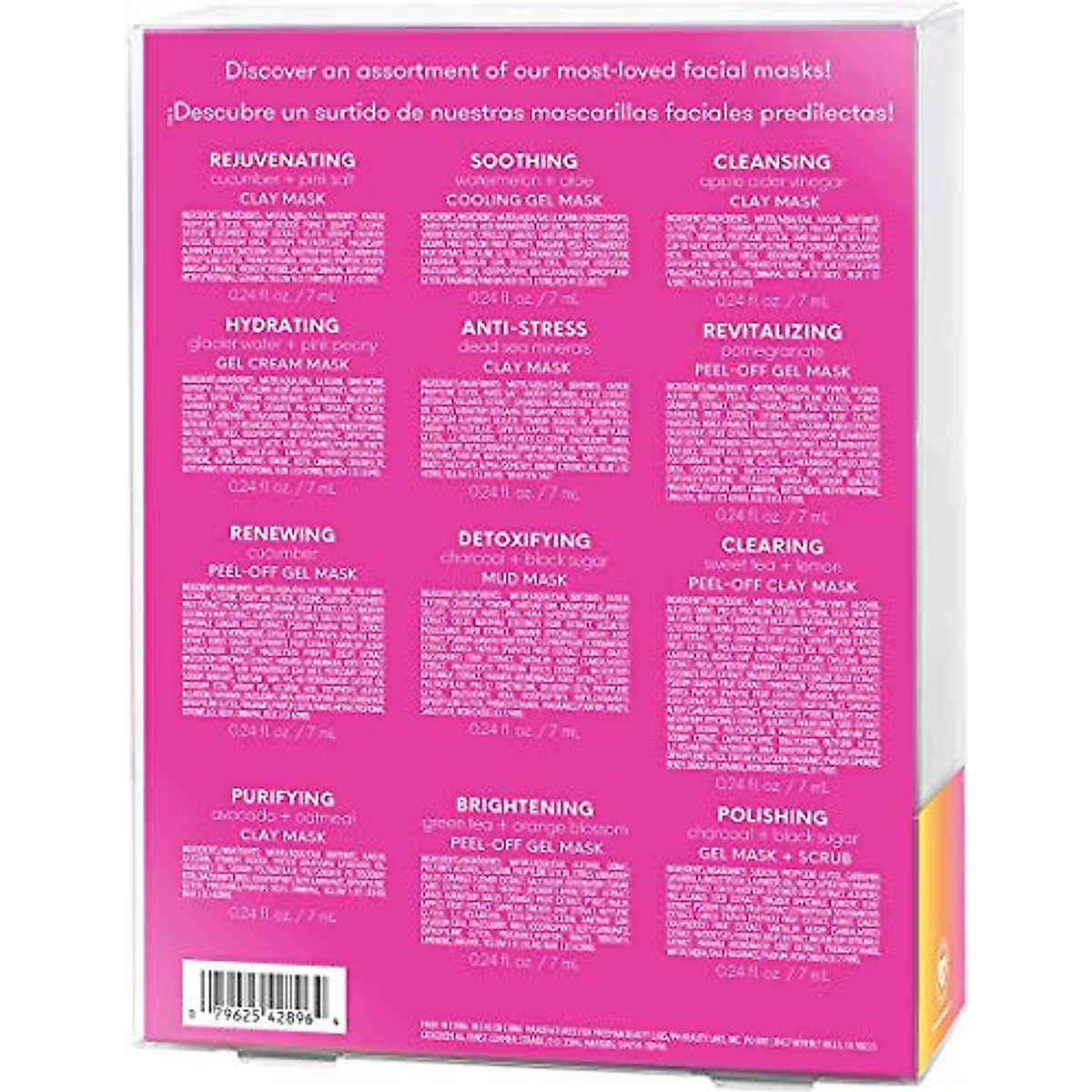 FREEMAN Facial Love To Mask Variety Pack: Oil Absorbing Clay, Detoxifying Charcoal, Clearing Peel Off, Hydrating Gel Cream, Exfoliating Scrub, 14 Piece Kit with Bonus Buffer and Headband