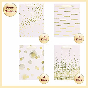 Carnation Gift Bags, 12 Pack 9.25x6.9x3.15 Inch Gift Bags Medium Size, Gift Bags Small Size with Handles, Gold Foil Gift Bags, Monther's Day Gift Bags, Gift bags for Birthday, Baby Shower, Wedding, Party Favor, Father's Day