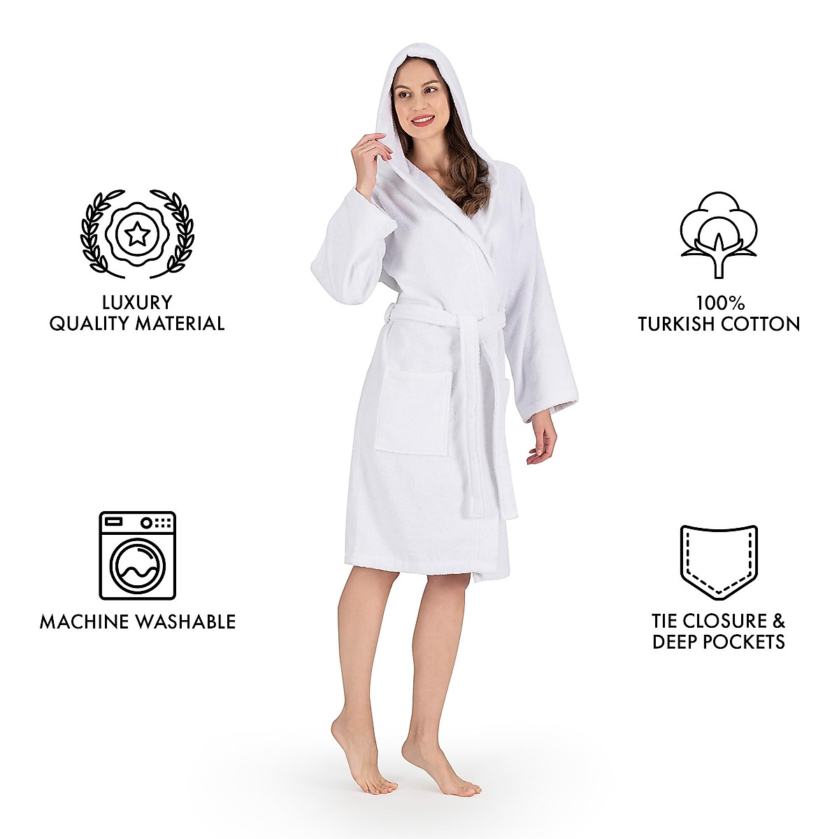 Nine West - Unisex Bathrobe - Made with 100% Turkish Cotton Terry Cloth for Spa & Hotels, High Absorbent & Comfy Hooded Robes | White (Medium)