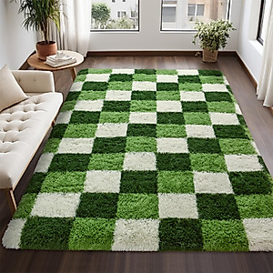 Larhom Modern Checkerboard Rug for Living Room Bedroom, 4x6 Ft Green Checkered Fluffy Carpet, Thickened Memory-Foam Area Rug for Kids Nursery Dorm, Home Decor, Anti-Slip and Easy to Clean